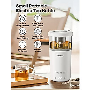 Sekaer Travel Electric Tea Kettle, Portable Small Mini Hot Glass Teapot Maker with Infuser, 350ML&400W Fast Heat Personal Water Boiler, BPA-Free White
