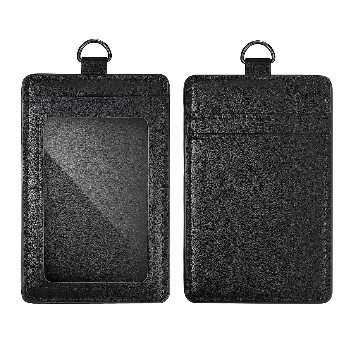 JINEASY ID Leather ID Badge Holder Vertical Lanyard ID Card Holder Black Badge Protector Case for Work Office Name Badges Keycard, Holds 3 ID Cards, 2 Pack