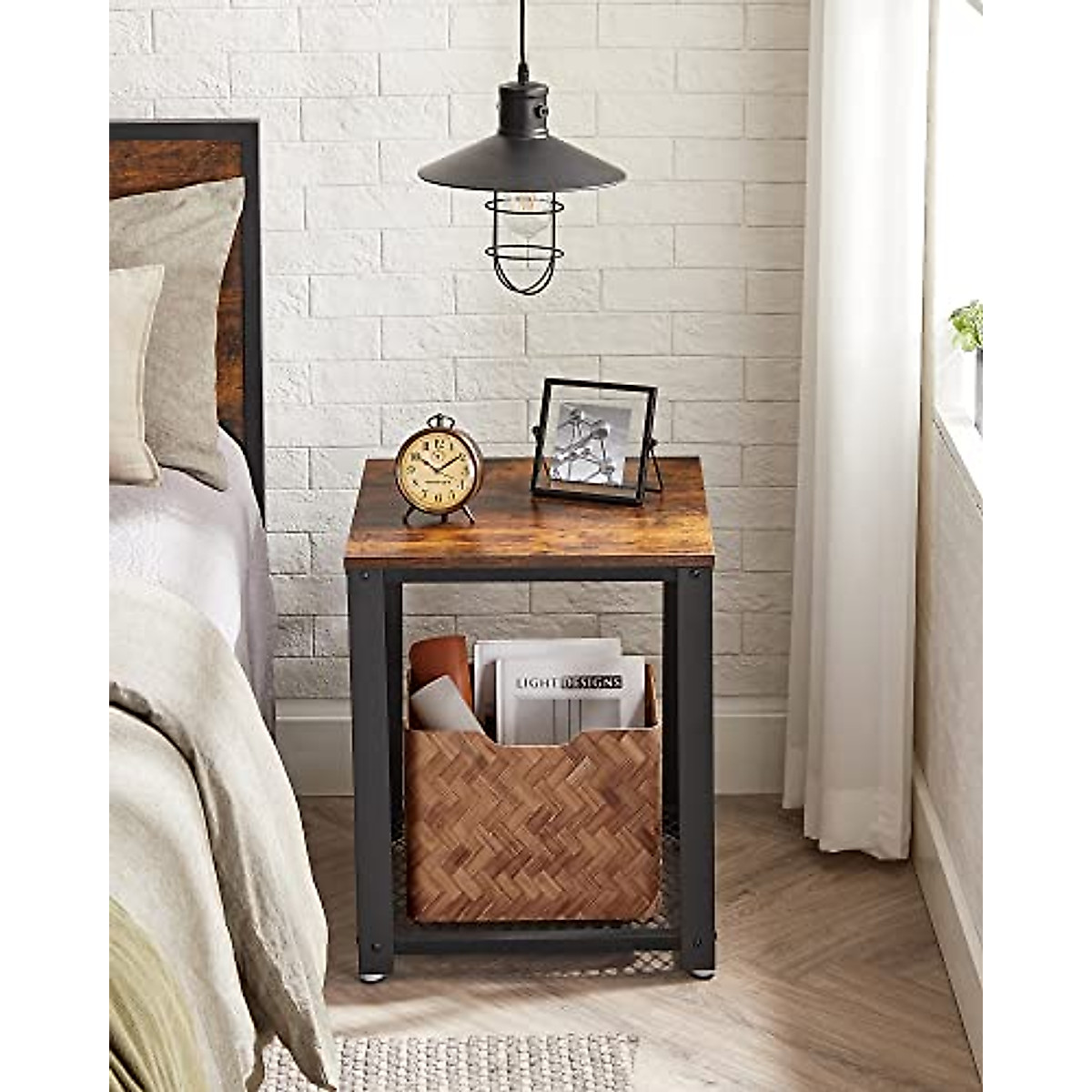 VASAGLE Side Table, 2-Tier Nightstand, End Table with Mesh Shelf, Steel Frame, Adjustable Feet, for Living Room, Bedroom, Industrial Style, Rustic Brown and Black ULET41X