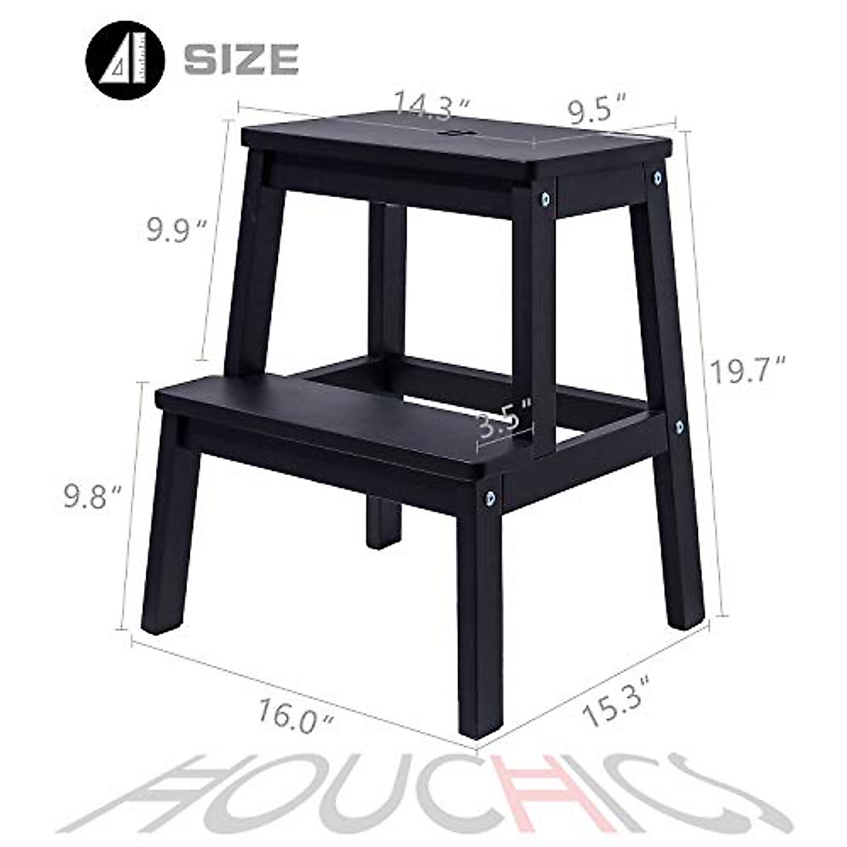 HOUCHICS Wooden Step Stool for Adults with 400lb, Wood Step Stool,Adults Step Stool, Step Stool for Bedside Step Helper for Kitchen,Bathroom,Bedroom (Black)
