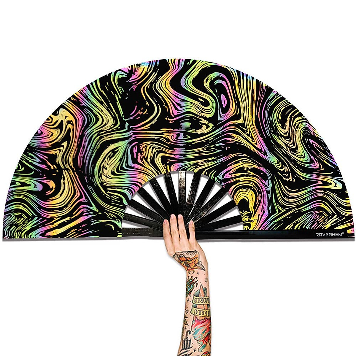 Raveahem Lridescent Holographic Large Rave Bamboo Folding Clack Hand Fan With Holster for Men/Women Handheld Fan for EDM,Music Festival,Club,Freaky,Party,Dance,Performance,Decoration,Gift