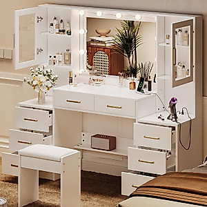58.3" Large Vanity Desk with Mirror & Lights, Makeup Vanity with 10 LED Lights, 8 Metal Sliding Drawers & 2 Cabinets, White Vanity Set with Stool & Power Outlet 3 Lighting Modes Adjustable Brightness
