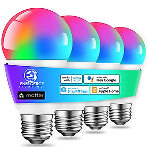 Energetic Light Bulbs Work with Alexa/Apple Home/Google Home/SmartThings, Matter Smart A19 LED Light Bulb, E26 RGB Smart Bulbs, 60W Equivalent, 800LM, 2.4 Ghz WiFi Only, Smart Speaker Required, 4 Pack