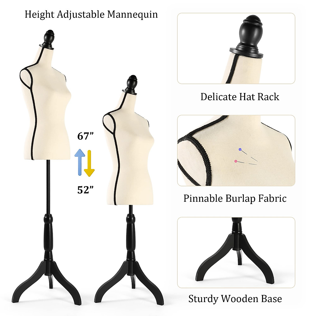 Female Dress Form Mannequin Torso Adjustable Height Mannequin Body with Tripod Stand for Clothing Dress Jewelry Display, Beige