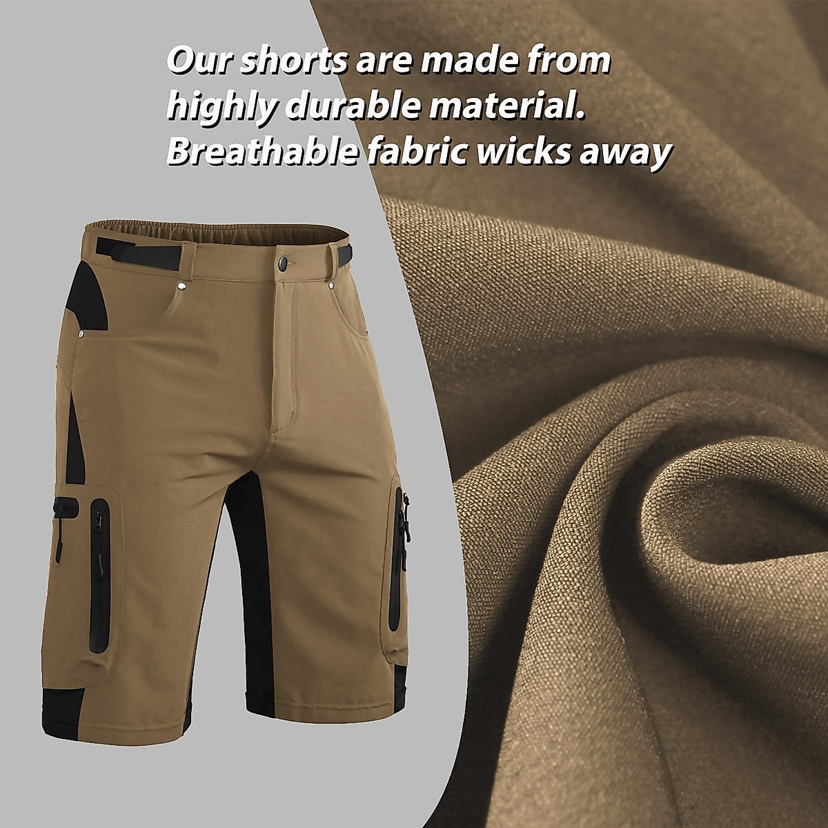 Ally Mens Mountain Bike Shorts 4D Padded Baggy Bicycle Cycling Biking Bike Shorts Lightweight Loose-fit (Khaki, Medium)