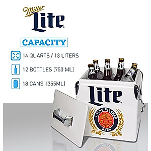Miller Lite Retro Ice Chest Cooler with Bottle Opener 13L (14 qt), 18 Can Capacity, Blue and Red, Vintage Style Ice Bucket for Camping, Beach, Picnic, RV, BBQs, Tailgating, Fishing