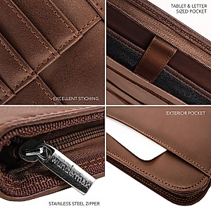 Wundermax Vegan PU Leather Portfolio with Zipper - Business Notebook Organizer for Resume - Padfolio for Men & Women w/Notepad Compatible with 10" iPad/Tablet Pocket Aesthetic School Suppliers, Brown