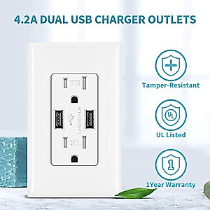 Micmi USB Outlet, High Speed Charger 4.2A Charging Capability, Child Proof Safety Receptacle 15 Amp, Tamper Resistant Wall Socket Plate Included UL Listed U24 (4.2A USB Outlet 6pack)