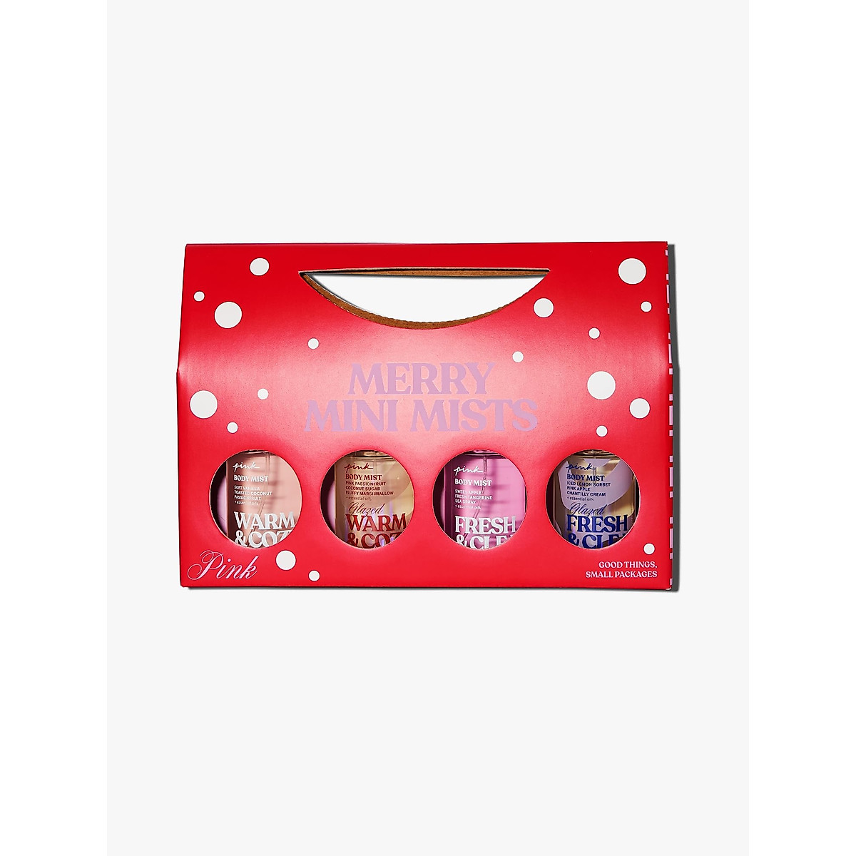 Victoria's Secret PINK 4 Piece Merry Mini Mists Gift Set: Warm & Cozy and Fresh & Clean, Assorted Scents