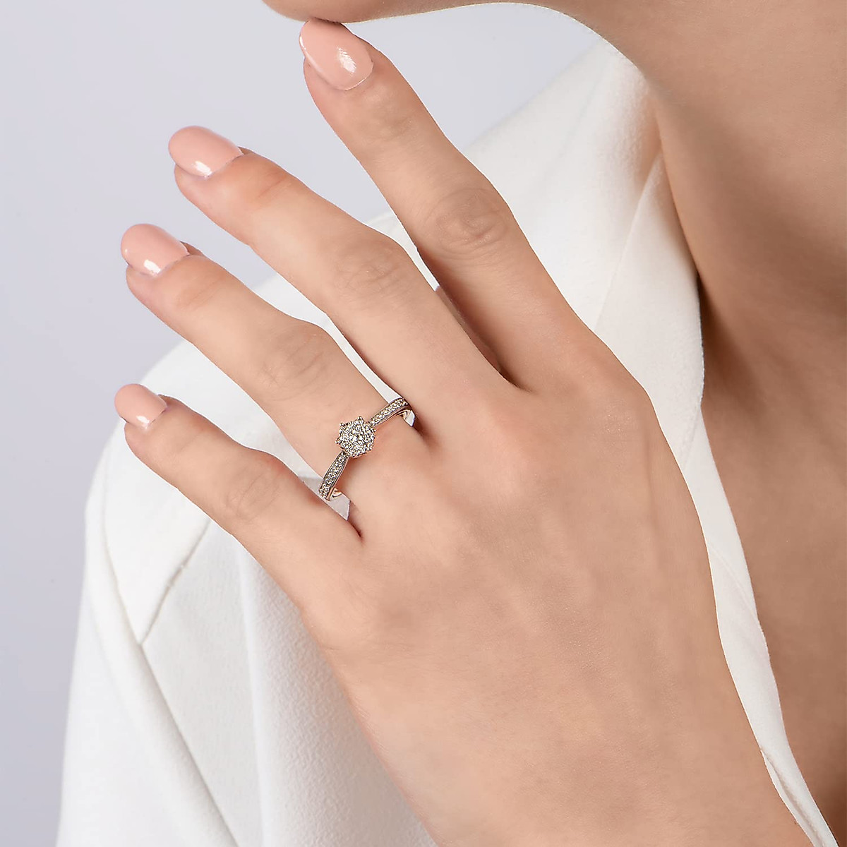 Jewelili Enchanted Disney Fine Jewelry 10K White Gold and Rose gold 1/3 Cttw Diamond Belle Composite Rose Engagement Ring Size 6