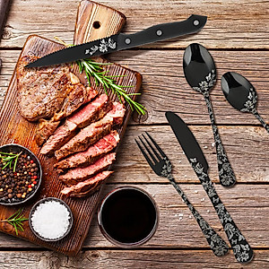 24-Piece Black Silverware Set with Steak Knives, Seolmae Unique Flower Design Stainless Steel Flatware Cutlery Set, Include Textured Fork Spoon Knife Set, Mirror Polished, Dishwasher Safe Utensils