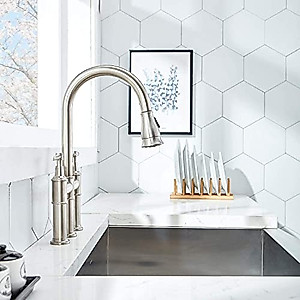 SHACO Brushed Nickel 3 Hole Deck Mount Kitchen Faucet with Pull Down Sprayer, 360 Swivel, Solid Large Faucet for Kitchen Sink