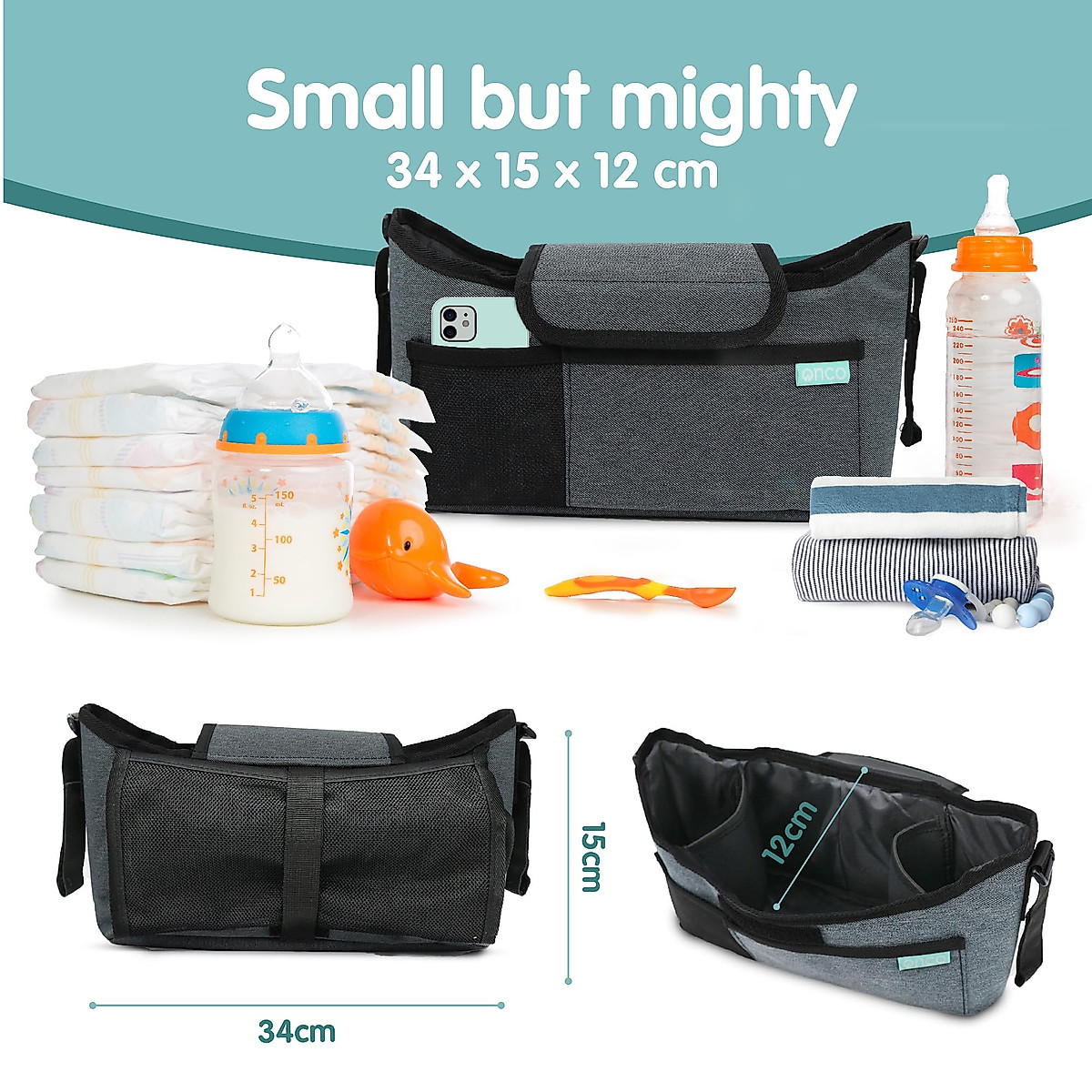 Onco Stroller Organizer with Stroller Cup Holder - Universal Stroller Caddy with Stroller Phone Holder, Stroller Caddy Organizer with Cup Holder, Stroller Accessories & Baby Essentials, Stroller Bag