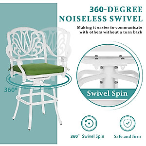 MEETWARM 2 Piece Outdoor Patio Swivel Bar Stools, All-Weather Cast Aluminum Bar Height Bistro Chairs, Outdoor Furniture Bar Dining Chair Set with Cushions for Garden Deck Backyard, White
