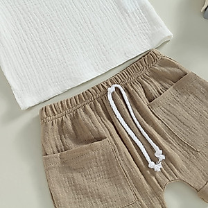 fhutpw Baby Boys 2Pcs Summer Outfits Short Sleeve T-Shirt Tops Elastic Waistband Shorts Set Toddler Clothes (Linen White + Light Khaki, 2-3 Years)