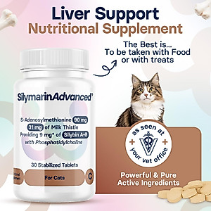 SilymarinAdvanced Liver Health Supplement for Cats - Milk Thistle for Cats Liver Support with S-Adenosylmethionine (Same) & Silybin - Liver Detox for Cats - 30 Tablets