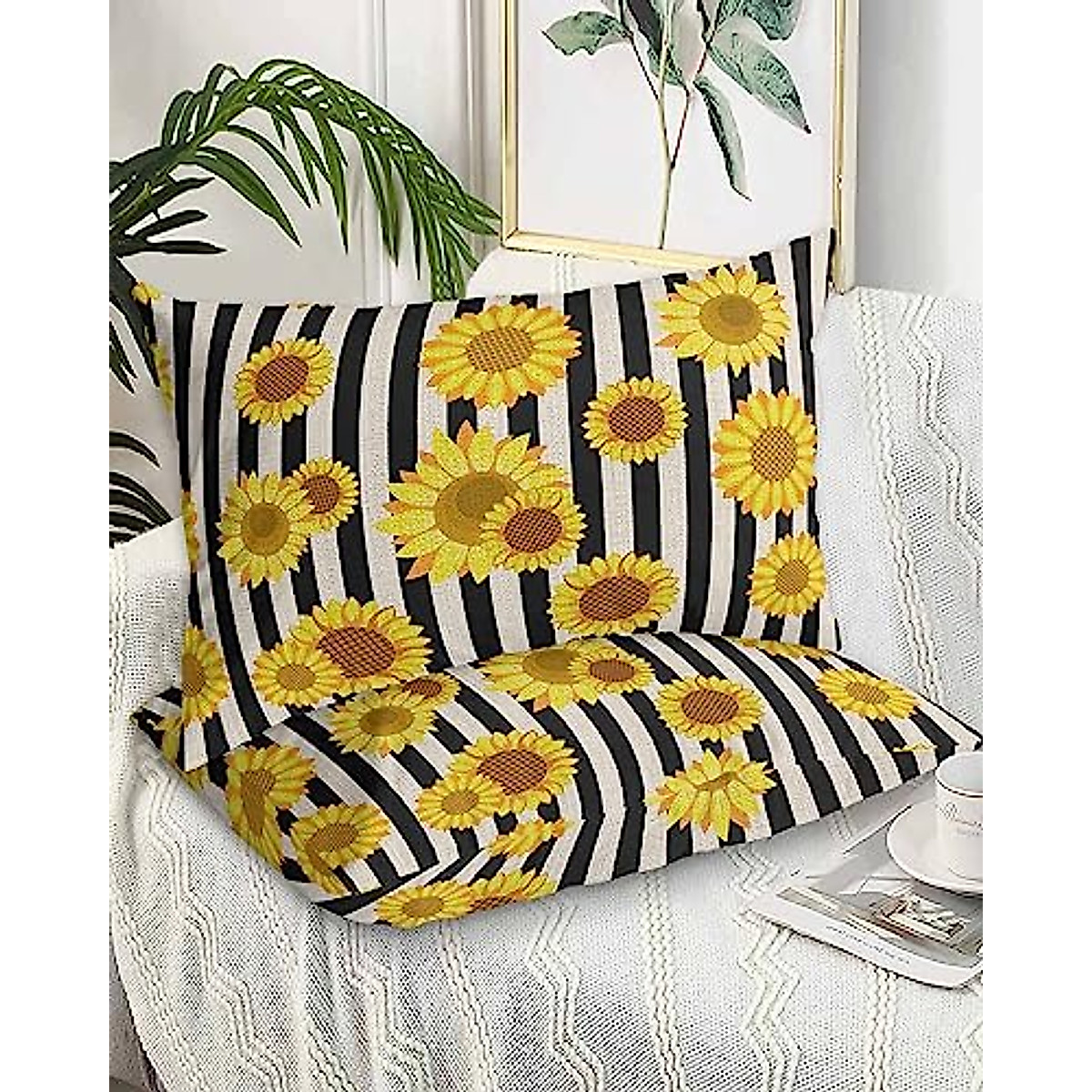 Edwiinsa Sunflower Pillow Covers Standard Size Set of 2 20x26 Bed Pillow, Summer Farmhouse Black and White Striped Plush Soft Comfort for Hair/Skin Cooling Pillowcases with Envelop Closure
