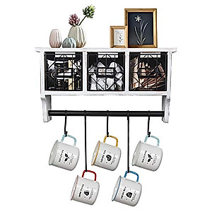 Butizone Rustic Wall Mounted Coat Rack Shelf with Hooks and Baskets, Wood Coffee Mug Storage and Display Organizer, Hanging Entryway Shelf for Coats, Hats, Towel and Keys, White