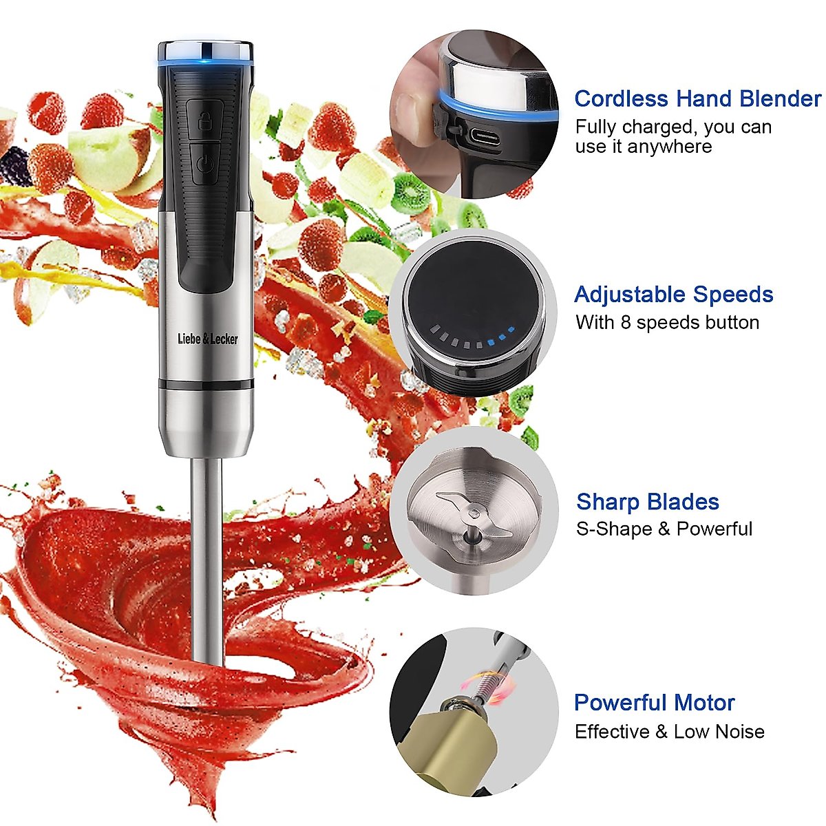 Liebe&Lecker Cordless Hand Blender, Immersion Blender Handheld USB Rechargeable 8 Variable Speeds with Whisk, Milk Frother Attachments, Portable Stick Blender for Milkshakes, Smoothies & Soups.