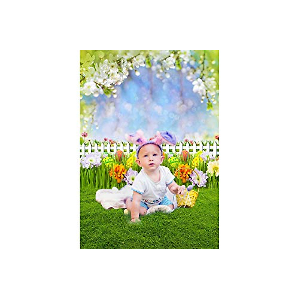 Swepuck 5x7ft Durable Fabric Easter Backdrop Spring Flowers Green Grass Fence Eggs Bokeh Sky Photography Background Baby Kid Children Portrait Floral Party Decoration Photo Booth Studio Props