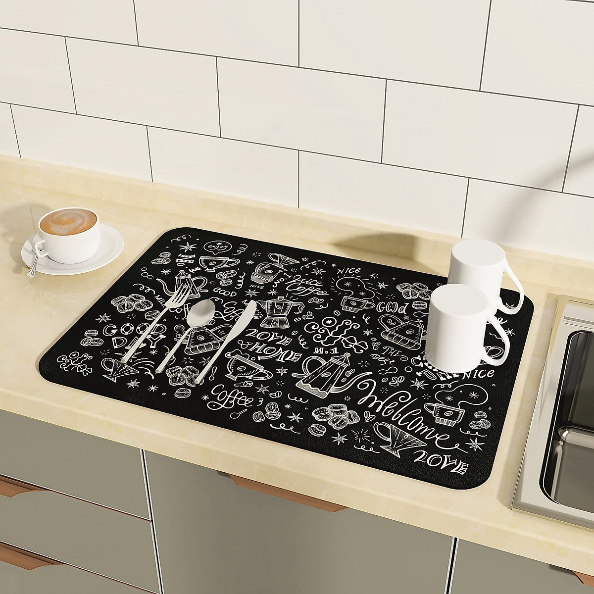 Matessenz Coffee Mat, Hide Stain Coffee Bar Mat for Countertop, Rubber Backed Dish Drying Mat for Counter, Absorbent Coffee Bar Accessories Fit Under Coffee Maker Espresso Me Machine-12"x19"