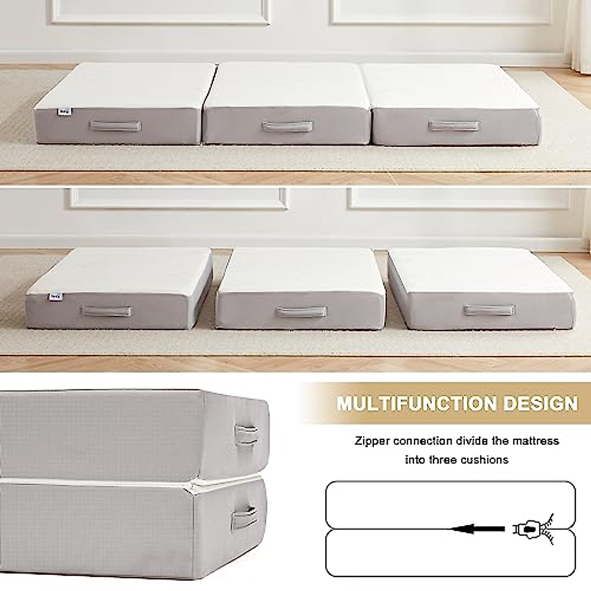 Lazyzizi Folding Mattress, 6 Inch Memory Foam Tri-fold Mattress with Breathable & Washable Bamboo Fiber Fabric Cover, Foldable Floor Mattress Guest Bed for Camping, Road Trip, Queen