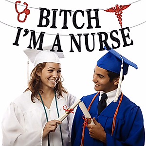 I'm a Nurse Banner - Congrats Nurse Grad/Nailed It/RN/BSN/NP- Nursing School Graduation Party Decorations Supplies, Black and Red Glitter