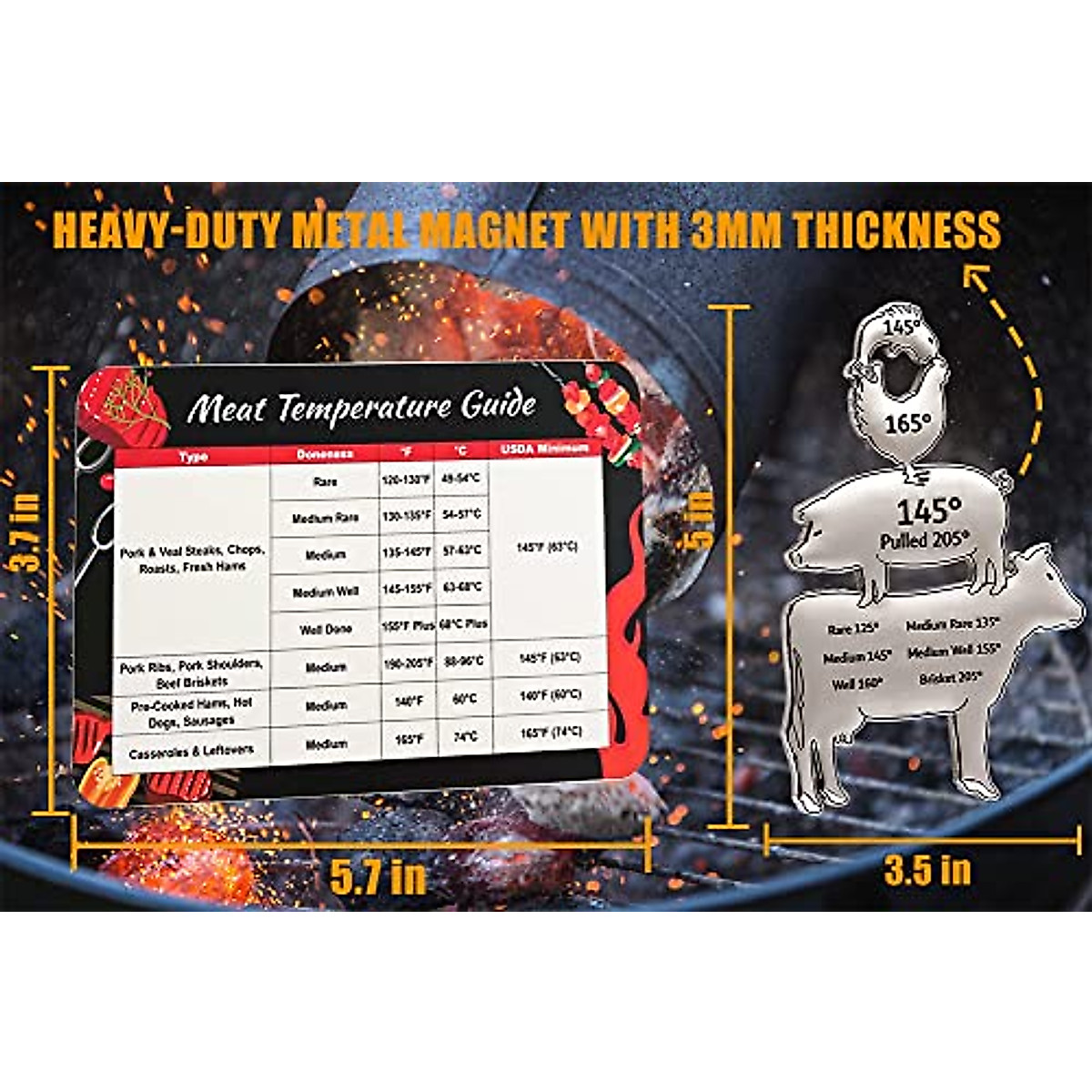 2023 Upgraded Meat Temperature Metal Magnet&Chart with Internal Temperatures Cooking Time,BBQ Smoking Meat Accessories Grilling Gifts for Smoker Men Dad Unique,Cute Meat Tempe Guide Magnet Decor