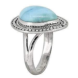 YoTreasure Solid 925 Sterling Silver Pear Shape Larimar Ring