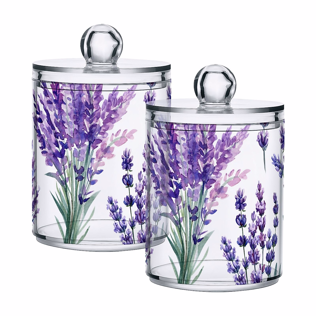 ALAZA 2 Pack Qtip Holder Dispenser for Cotton Ball Purple Lavender Bouquet 1 Cotton Swab Cotton Round Pads Clear Plastic Acrylic Jar Set Bathroom Canister