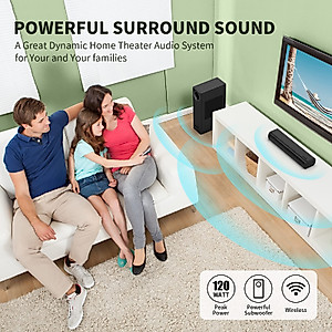 120W Sound Bar for TV, Tiny Soundbars with Wireless Subwoofer, 2.1 CH Home Theater Speakers System with Bluetooth 5.0 Optical RCA AUX , Wall Mountable
