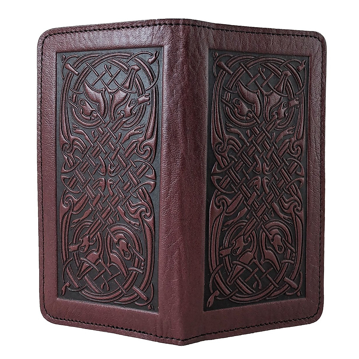 Oberon Design Celtic Hounds Embossed Genuine Leather Checkbook Cover, 3.5x6.5 Inches, Wine, Made in the USA