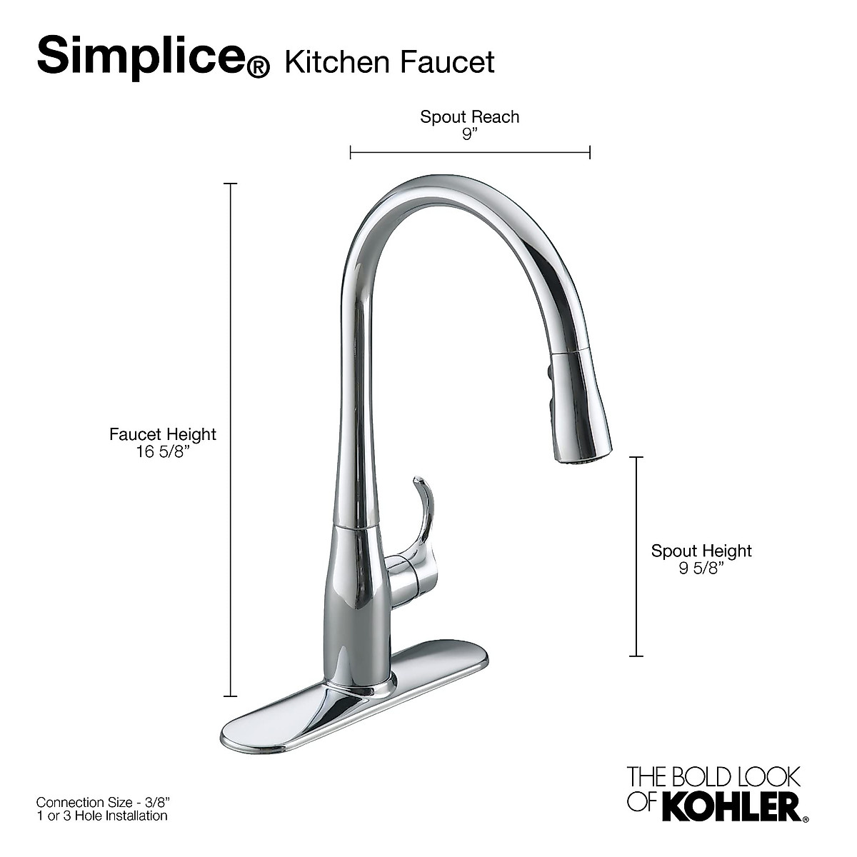 KOHLER Simplice Pull Down Kitchen Faucet, 3-Spray Faucet, Kitchen Sink Faucet with Pull Down Sprayer, Polished Chrome, K-596-CP