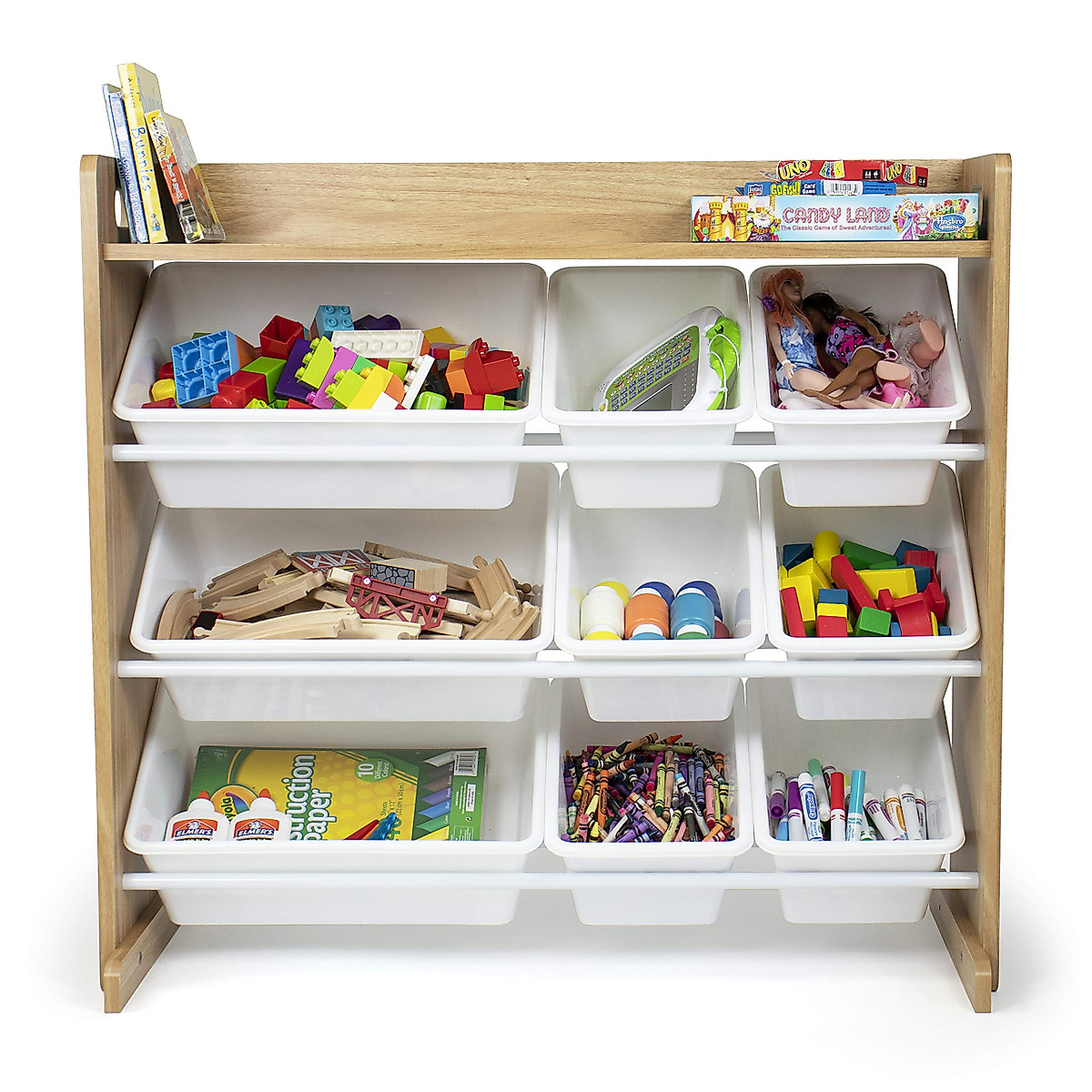 Humble Crew, Natural Wood/White Toy Organizer with Shelf and 9 Storage Bins