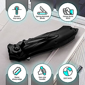 Tactical Knife for Men - Black Pocket Knife - Best Spring Assisted Knife with Glass Breaker and Pocket Clip - Cool Folding Knives for Military Work Self Defense Camping - Birthday Gifts for Dad 6495 B