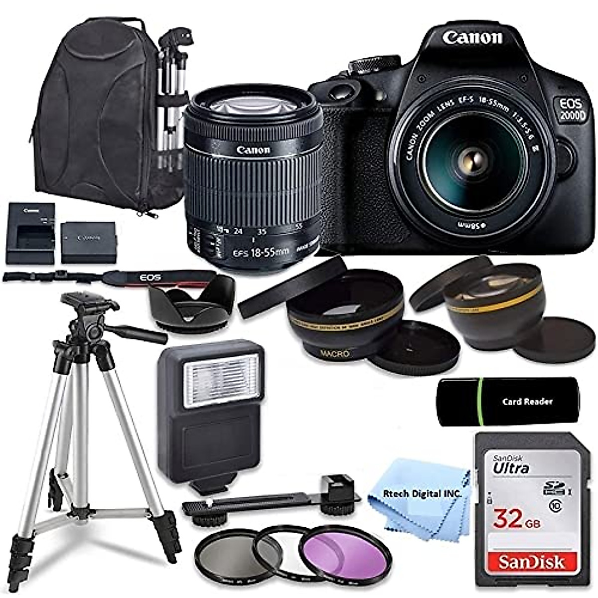 Canon Intl. Canon EOS 2000D / Rebel T7 DSLR Camera with EF-S 18-55mm Zoom Lens + SanDisk 32GB Memory Card + Tripod + Case + Wideangle Lenses + Rtech Digital Cloth (20pc Bundle), Black, (Renewed)