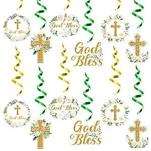 ANGOLIO 30Pcs God Bless Cross Hanging Swirls Party Decorations, Religious Party Decorations Supplies Ceiling Decor for Party, Baby Shower Baptism First Holy Communion Party Hanging Ornaments