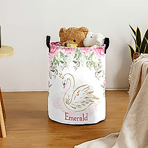 Personalized Watercolor Fantasy Floral Swan Waterproof Laundry Basket Handles Collapsible Hamper Storage Basket for Office Bathroom