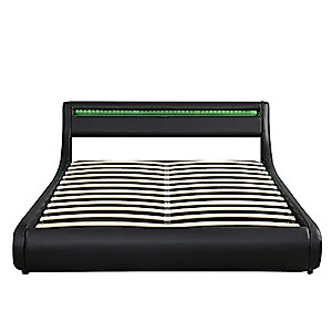 DNYN Queen Size Upholstered Platform Bed with Storage for Kids & Adults,Solid Wooden Bedframe w/Faux Leather & LED Light Headboard,No Box Spring Needed, Black