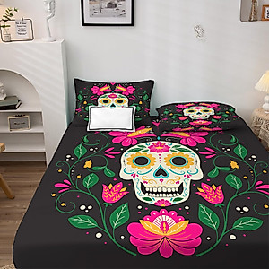 Sugar Skull Sheets Twin Size, Day of The Dead Bed Sheets, Patterned Bedding Sheets & Pillowcases 3 Piece Set - Soft Microfiber Deep Pocket Fitted Sheet & Flat Sheet & Pillow Case Z3-&-210