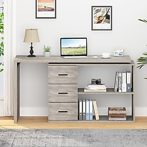 HSH 360° Rotating L Shaped Computer Desk with 3 Drawers and 2 Shelves, Home Office Swivel Desk for Work Writing Study Gaming, Reversible Wood Corner Desk with Storage Cabinet, Light Grey Oak, 55 Inch