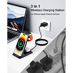 eazpower Wireless Charger for Thick Cases of 10MM/Otterbox/Popsocket Compatible, 3 in 1 Charging Dock for iPhone 15 14 13 12 11 Pro Max, Charging Station for Multiple Devices for Apple Watch/AirPods