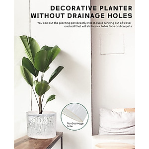 LaDoVita Ceramic Plant Pot with Stand, 8 Inch Planter with Wood Shelf, Modern Round Flower Pots Indoor with Wood Planter Holder, White Water Ripple Pattern