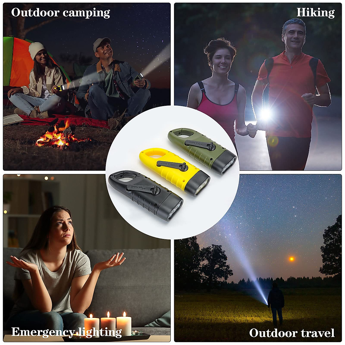6 Pcs Hand Crank Solar Powered Flashlights Emergency Rechargeable LED Flashlights Handheld Flashlights for Emergencies Survival Gear Outdoor Sports Camping Hiking Backpack Safety, Green Yellow Black