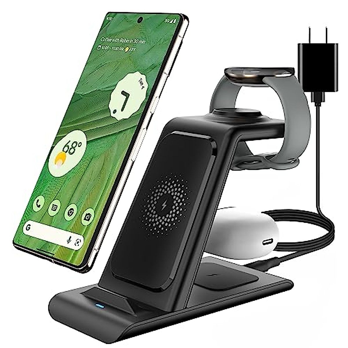 Upgraded 3 in 1 Wireless Charger for Google Pixel Watch, Pixel Fold/7a/7/7 Pro/6/6 Pro/5/4, Pixel Buds Pro, Wireless Charging Station for Multiple Devices iPhone 14/13, Airpods 3/2/1/Pro (Dark Black)