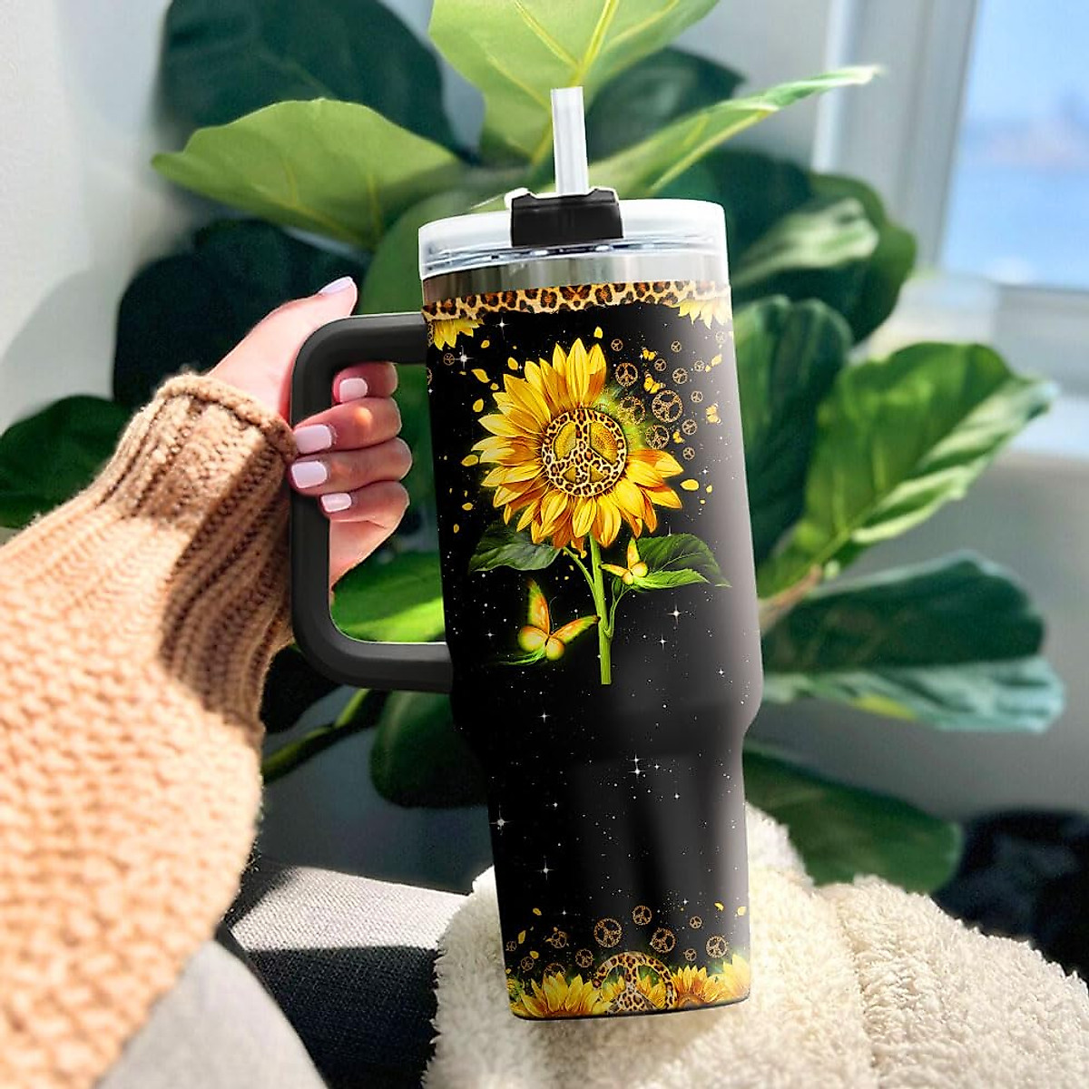 99WHALE Sunflower Leopard Motivational, Tumbler 40 Oz With Handle Lid And Straw, Sunflower Gifts, Black Handle Yellow Print Tumblers Women For Cups Coffee Butterfly Straws