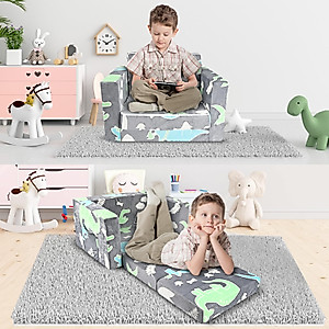 Fivetry Kids Sofa - Comfy 2-in-1 Kids Couch Bed Glow in The Dark Baby Modular Dinosaur Couch Kids Chairs Comfy Toddler Convertible Couch Bed for Girls and Boys, Grey