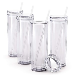 Maars Skinny Acrylic Tumbler with Lid and Straw | 18oz Premium Insulated Double Wall Plastic Reusable Cups - Clear, 4 Pack