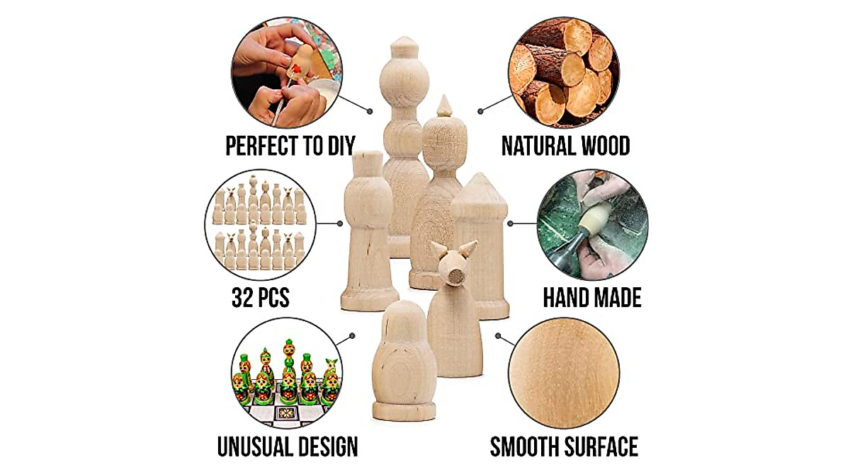 DIY Unfinished Wood Chess Pieces Set - 32 Pcs