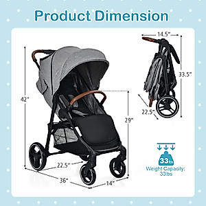 HONEY JOY Baby Stroller, Foldable High Landscape Infant Carriage with Foot Cover, Adjustable Backrest & Canopy, Suspension Wheels & Storage Basket, Newborn Pushchair Stroller for Boys Girls (Gray)